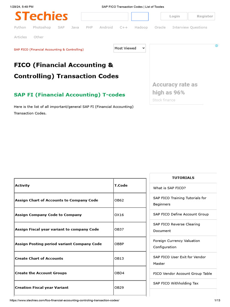 SAP FICO Transaction Codes - List of Tcodes | PDF | Payments | Cheque