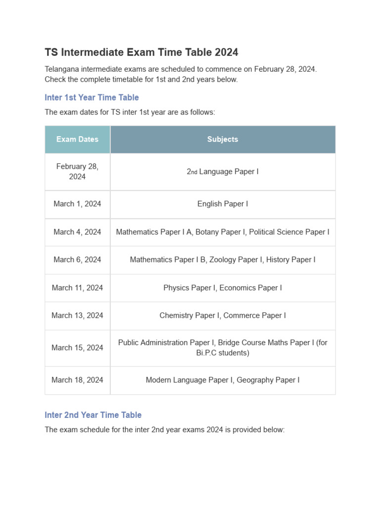 TS Intermediate Exam Time Table 2024 | PDF