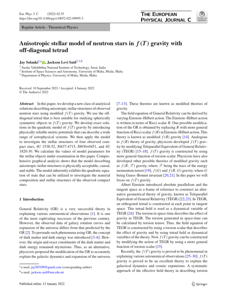 Anisotropic Stellar Model Of Neutron Stars In F T Gravity With Off Diagonal Tetrad Pdf