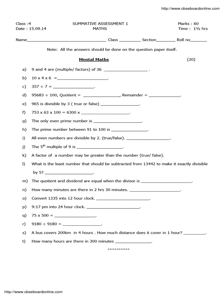 Cbse Class 4 Sa1 Mathematics 2015 | PDF | Division (Mathematics ... Cbse Class 4 Sa1 Mathematics 2015 | PDF | Division (Mathematics ...