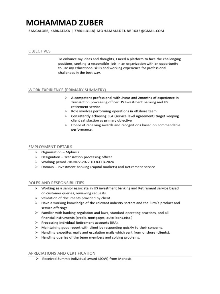 Mohamamd Zuber Resume 2024 | PDF | Banks | Investment Banking