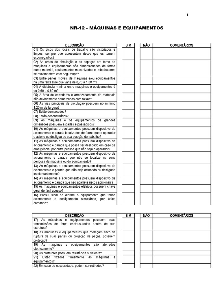 Checklist NR-12 para Segurança em Máquinas | PDF | Tecnologia e Engenharia