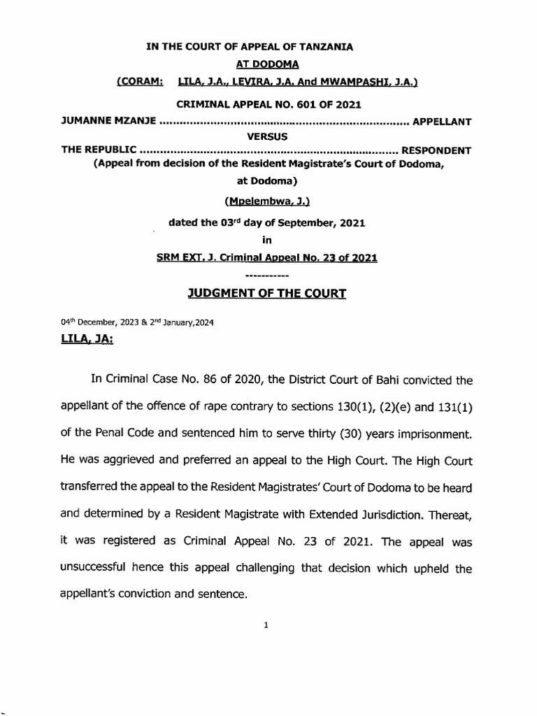 Tanzania Court Appeal: Rape Conviction Case | PDF | Sentence (Law ...