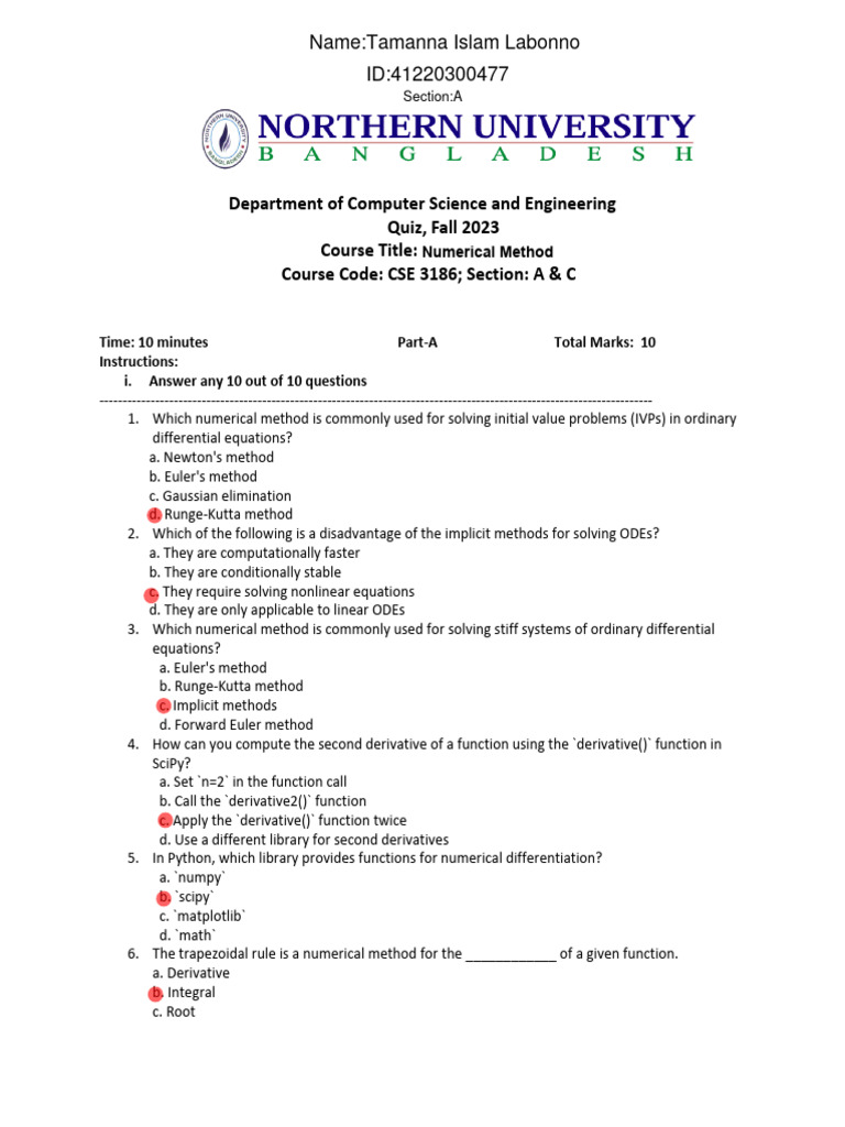 Department of Computer Science and Engineering Quiz, Fall 2023 Course ...