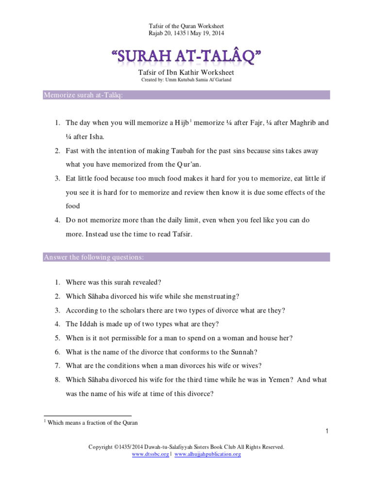 Tafsir of Ibn Kathir Surah At-Talaq Worksheet | PDF | Quran | Islam