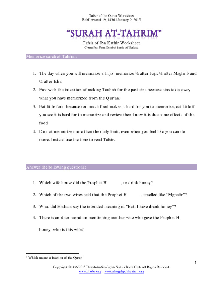 Surah At-Tahrim Worksheet | PDF | Monotheistic Religions | Islamic ...