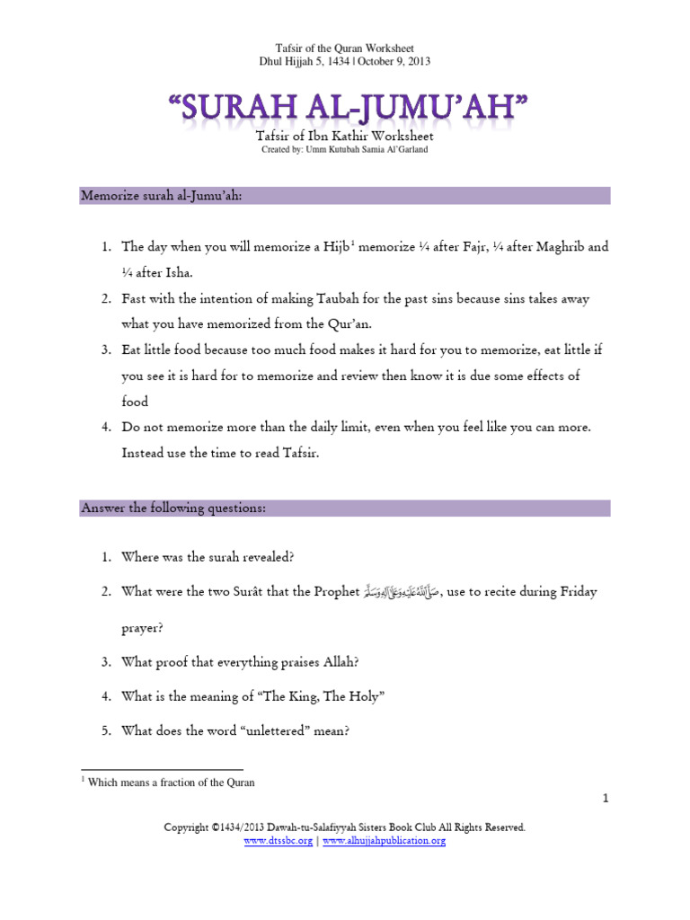 Surah Al-Jumu'Ah Worksheet | Download Free PDF | Quran | Islam