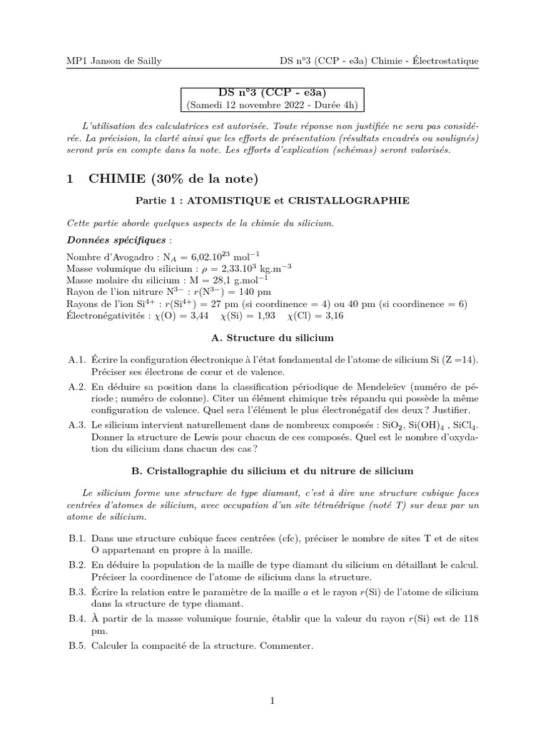 1 CHIMIE (30% de La Note) : DS N°3 (CCP - E3a) | PDF | Science des ...