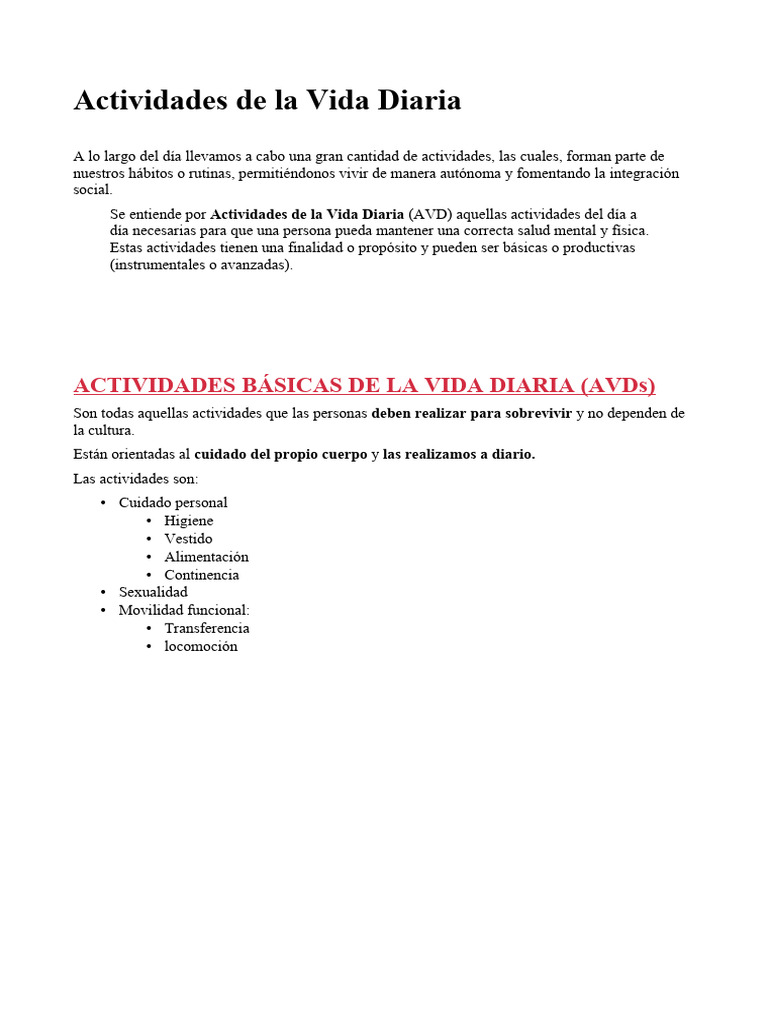 Actividades Básicas de La Vida Diaria (Avds) | Descargar gratis PDF | Invalidez | Ciencias del ...