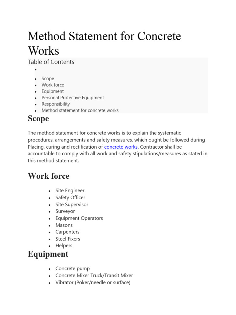Method Statement for Concrete Works | PDF | Concrete | Building Engineering