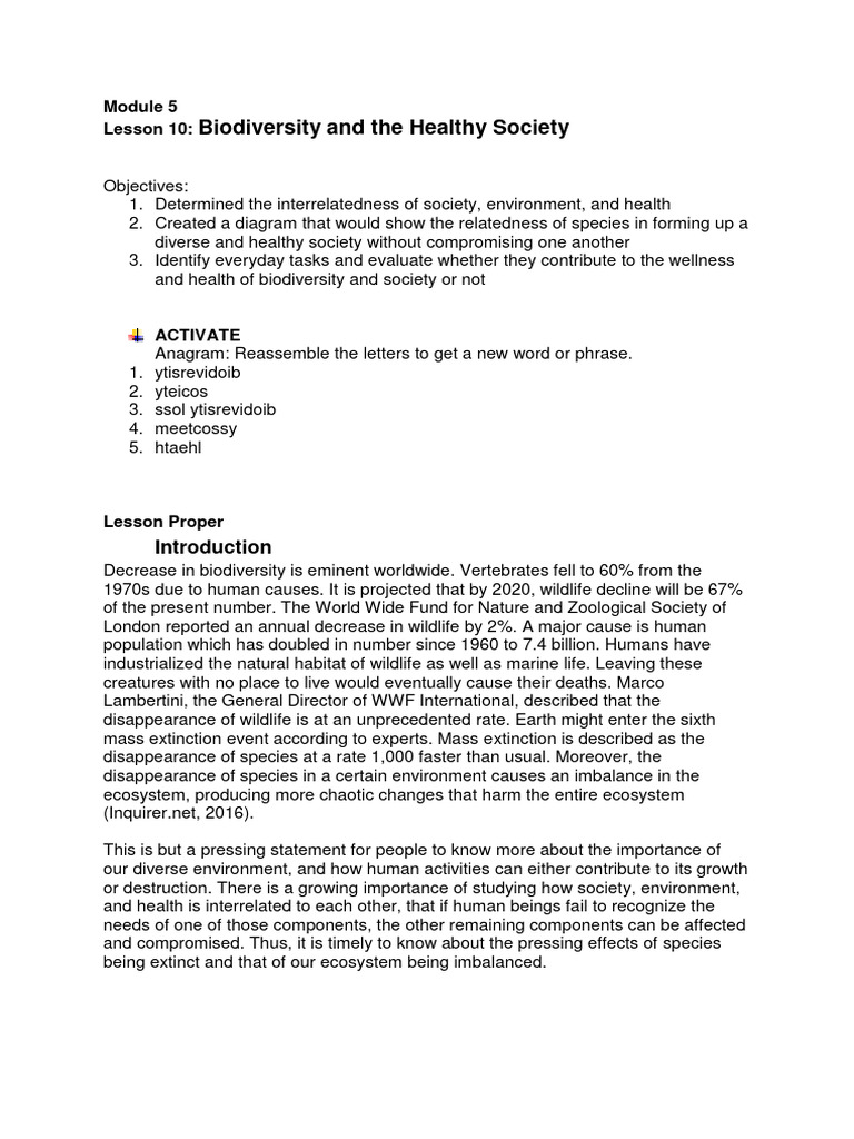 STS Module 5 Lesson 10 | PDF | Biodiversity | Ecosystem