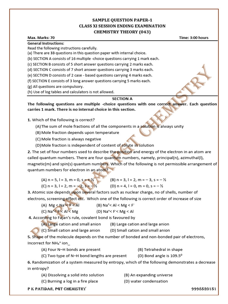 Class 11 Chemistry Sample Question Paper | PDF | Mole (Unit) | Gibbs ...