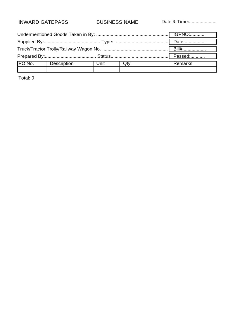 Inward Gate Pass Format for Goods | PDF