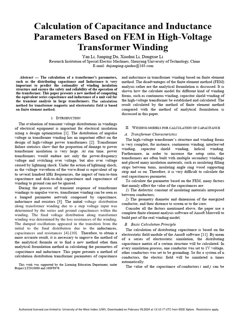 Calculation Of Capacitance And Inductance Parameters Based On Fem In High Voltage Transformer