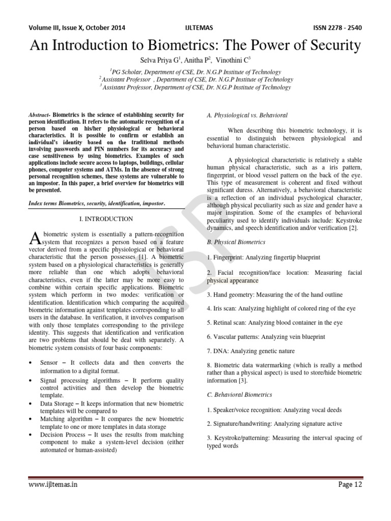 An Introduction To Biometrics The Power | PDF | Biometrics | Fingerprint