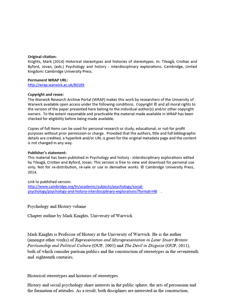 Knights, Mark Historical Stereotypes and Histories of Stereotypes | PDF ...