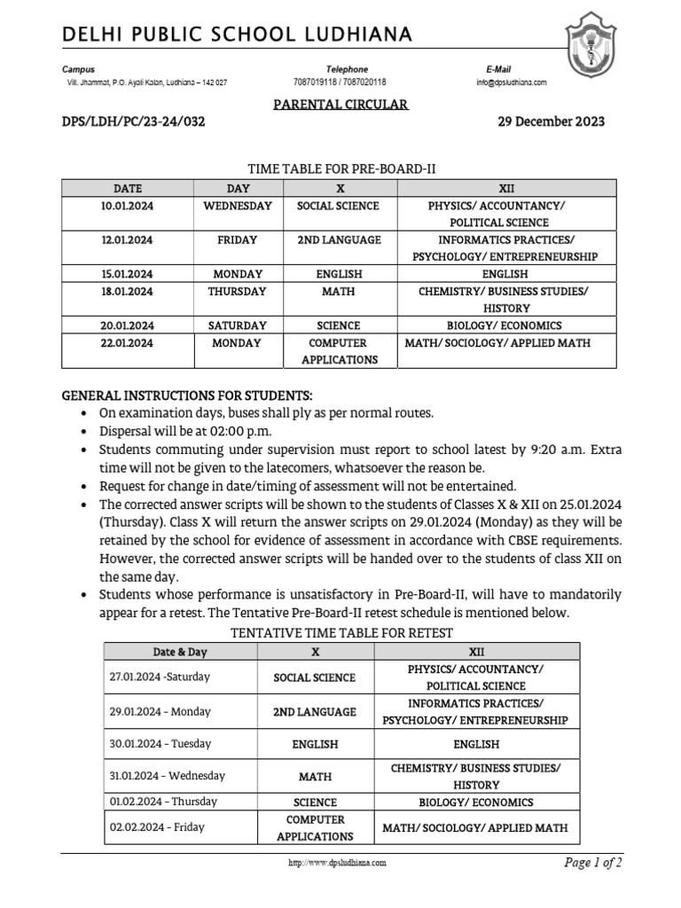 DPS Ludhiana Pre-Board-II Schedule | PDF | Science