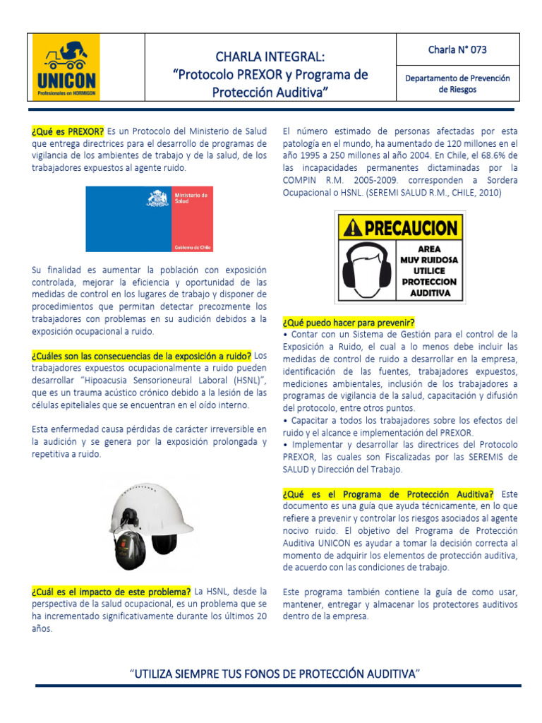 Charla Integral #073 - Protoclo PREXOR y Programa de Protección Auditiva | PDF | Escuchando | ruido