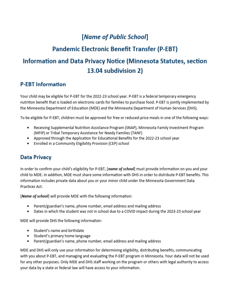 Minnesota P-EBT Eligibility Notice | PDF | Supplemental Nutrition ...