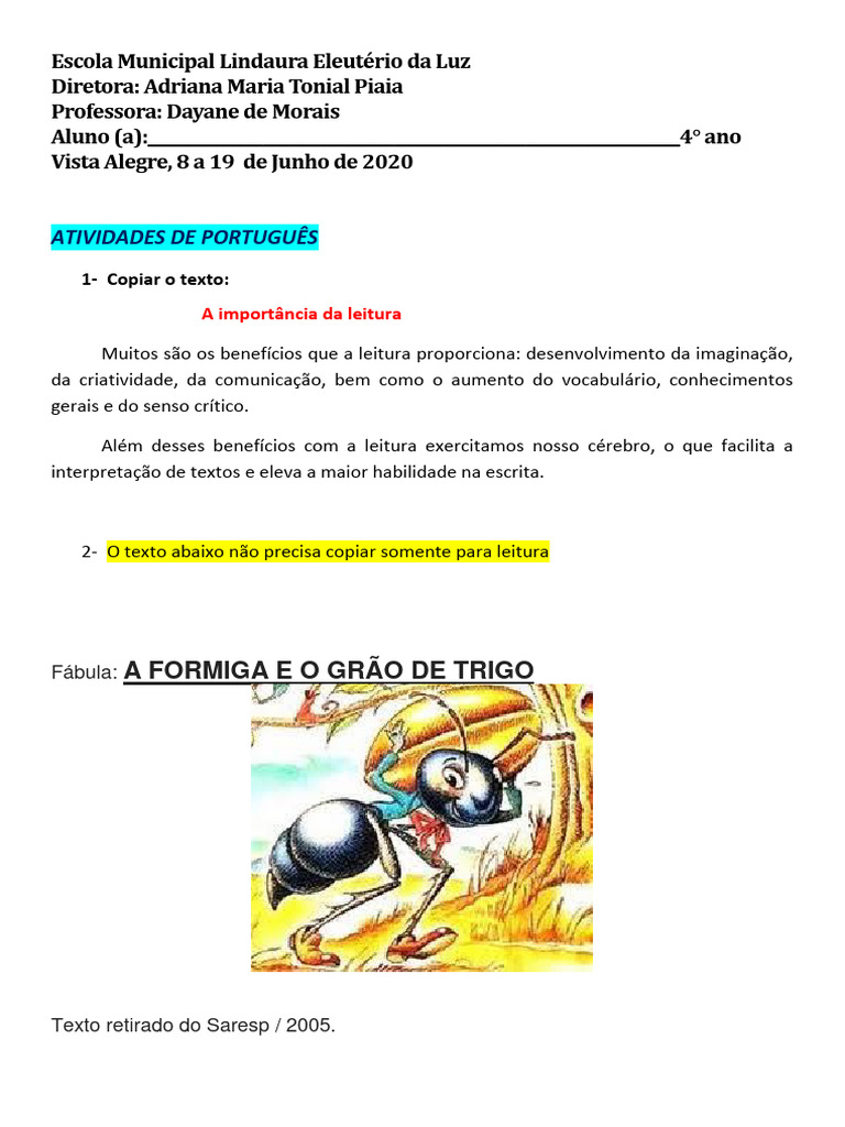 Ativ 4 Ano Dayane 08 A 19 de Junho | PDF | Formiga | Tempo