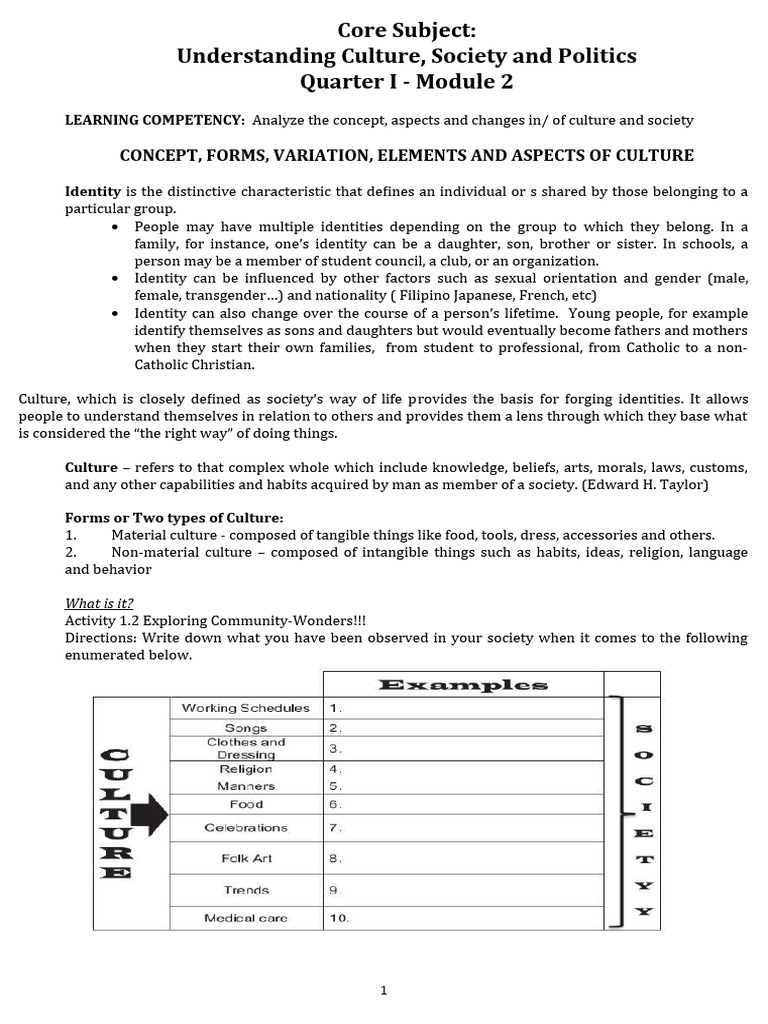 LC 2 Mod 2 Concept Aspect and Changes in Culture Society | PDF | Society | Socialization