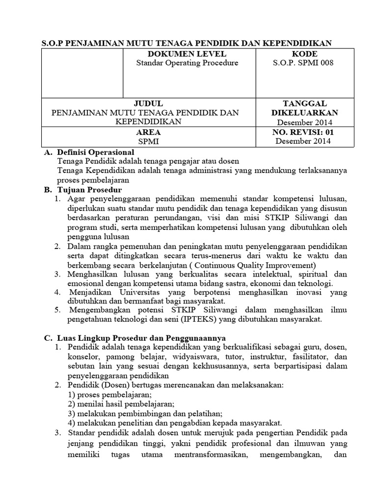 S.O.P PENJAMINAN MUTU TENAGA PENDIDIK DAN KEPENDIDIKAN DOKUMEN LEVEL ...