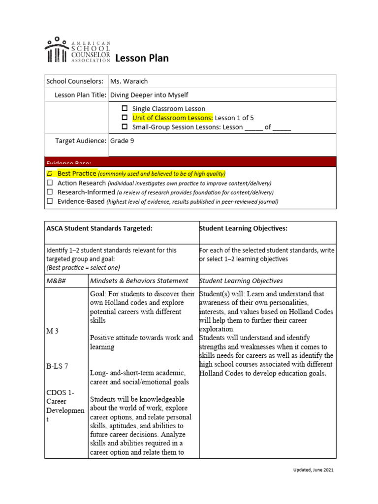 Lesson Plan Career 1 | PDF | Learning | School Counselor