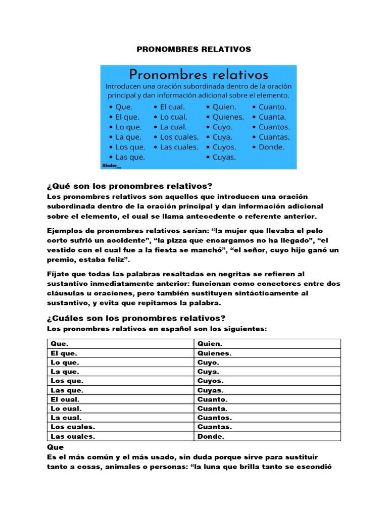 Pronombres Relativos | PDF | Pronombre | Oración (Lingüística)