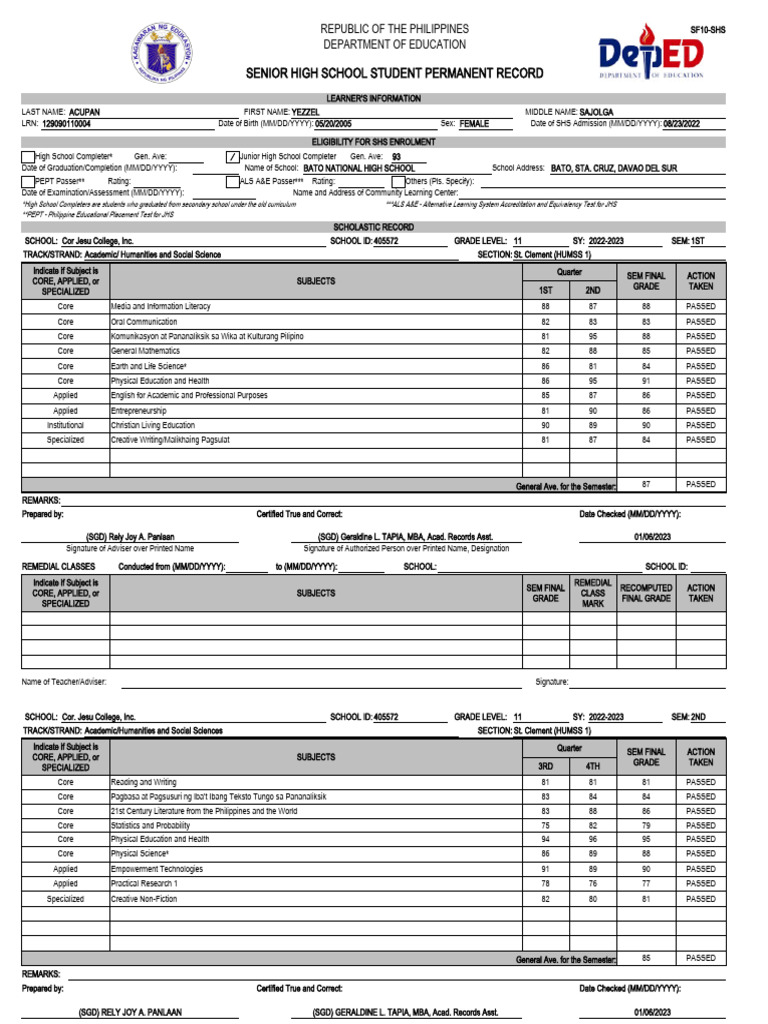 SF 10 SHS Senior High School Student Permanent Record | PDF