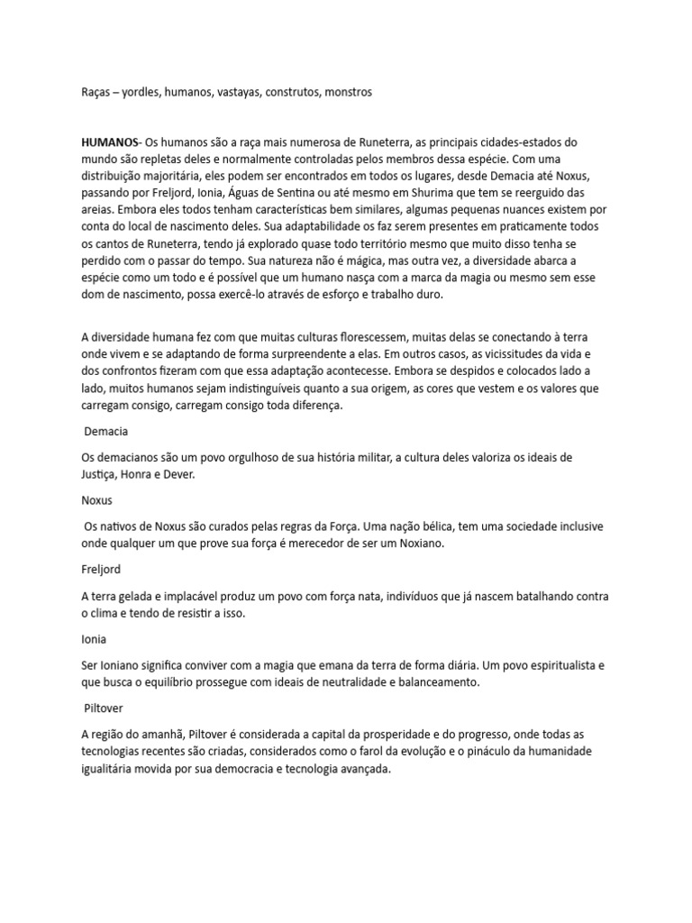 Raças de Runeterra: Humanos, Yordles e Vastaya | PDF | Humano | Raça ...