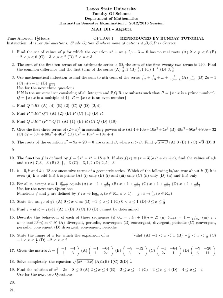Mat 101 PQ 2012 | PDF | Abstract Algebra | Elementary Mathematics