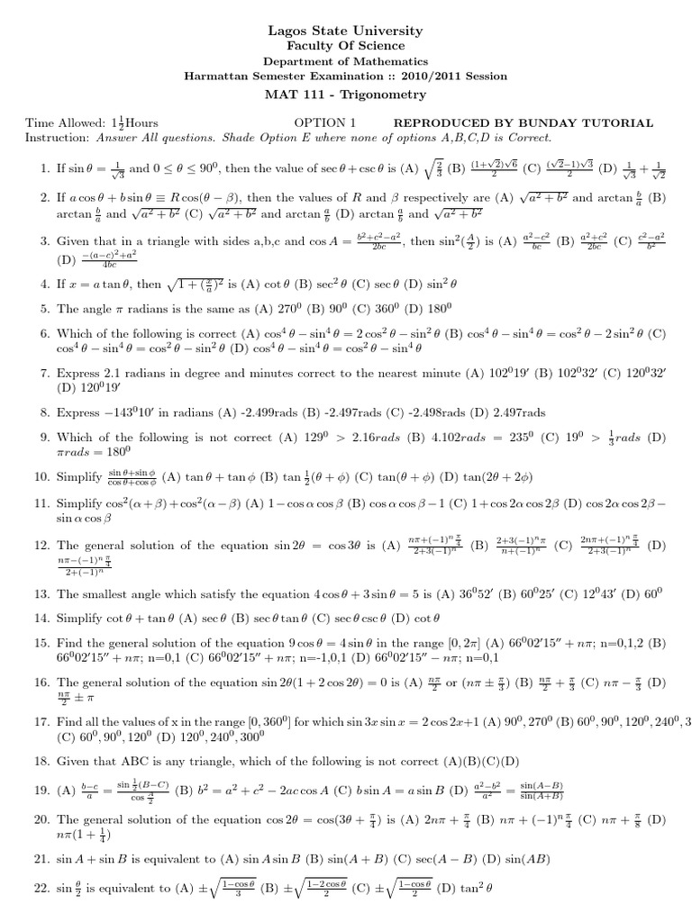 Mat 111 PQ 2010 | PDF | Angle | Triangle