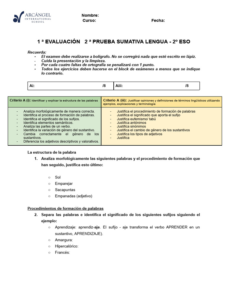 FORMATIVA 2ºESO - 2 Prueba Sumativa - 1 Eval. 22 - 23 | PDF | Sustantivo | Adjetivo