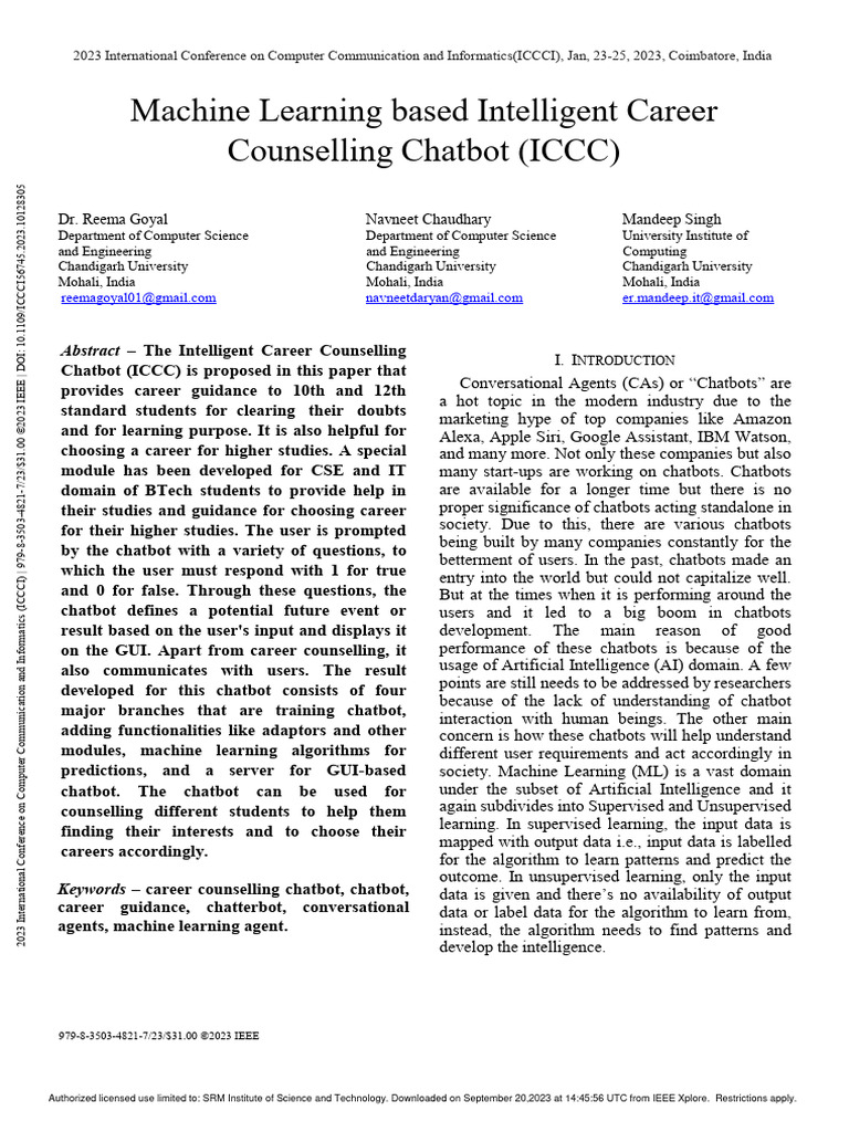 1machine Learning Based Intelligent Career Counselling Chatbot ICCC | PDF | Machine Learning ...