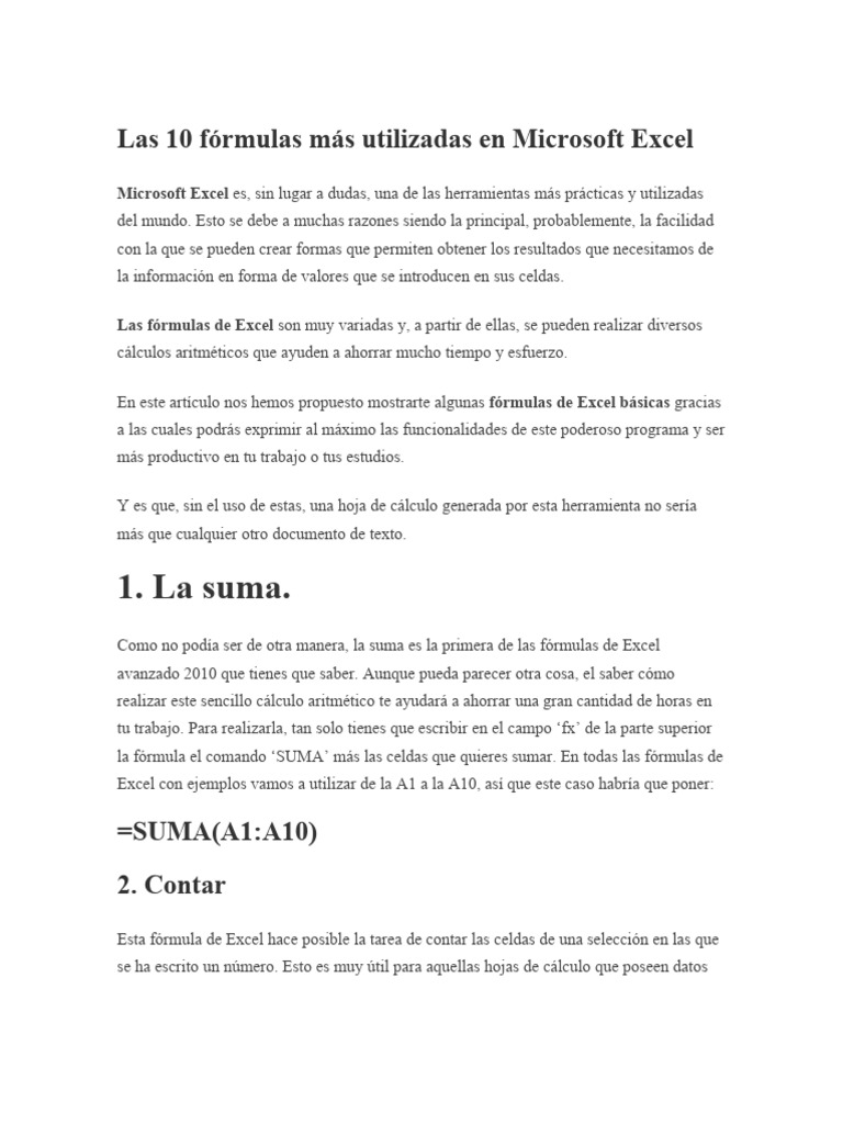 Las 10 fórmulas más utilizadas en Microsoft Excel | PDF | Microsoft ...