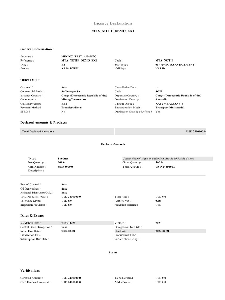 Licence Declaration: Mta - Notif - Demo - Ex1 | PDF