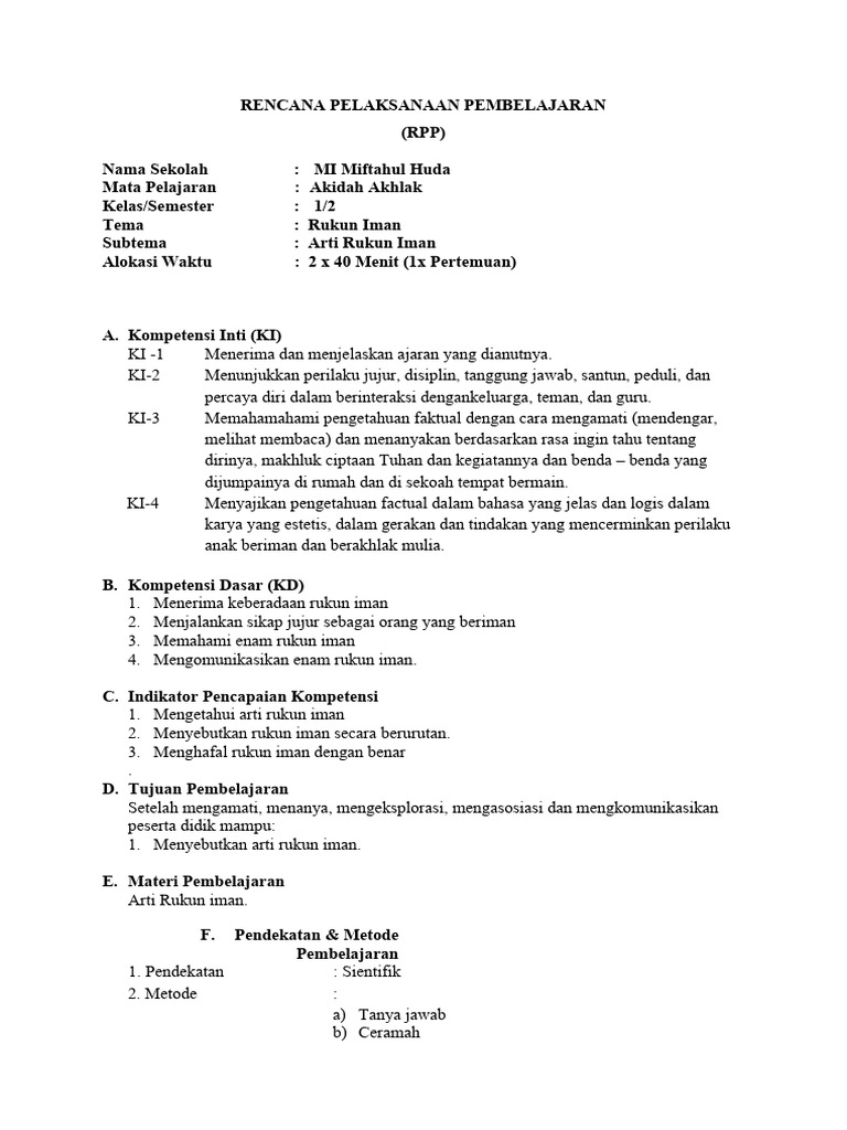 RPP Kelas 1 Tema Rukun Iman | PDF