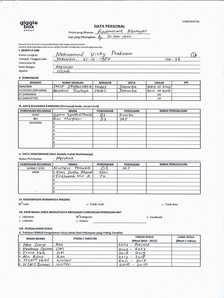 Data Personal M Vicky Pratama | PDF