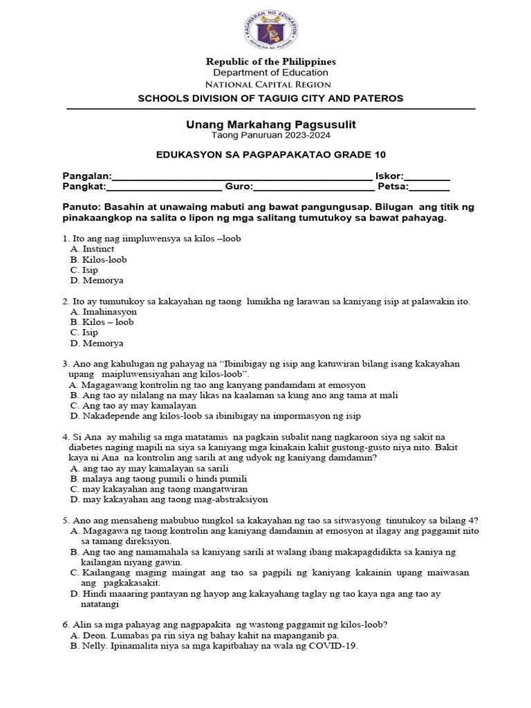 EsP10 - 1stquarter Examination SY 2023 2024 | PDF