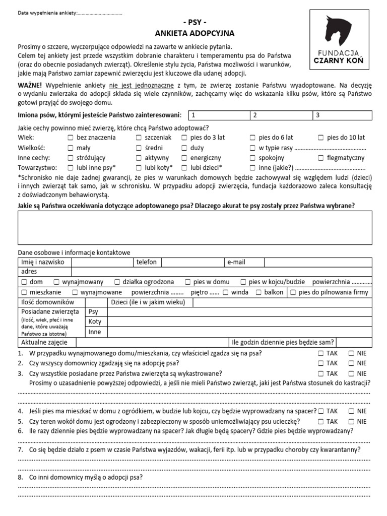 Ankieta Przedadopcyjna Pies | PDF