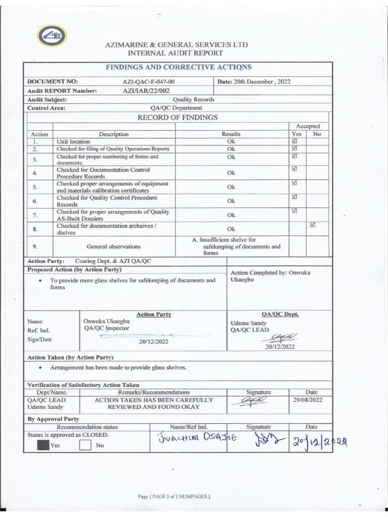 Interal Quality Audit On Quality Records | PDF