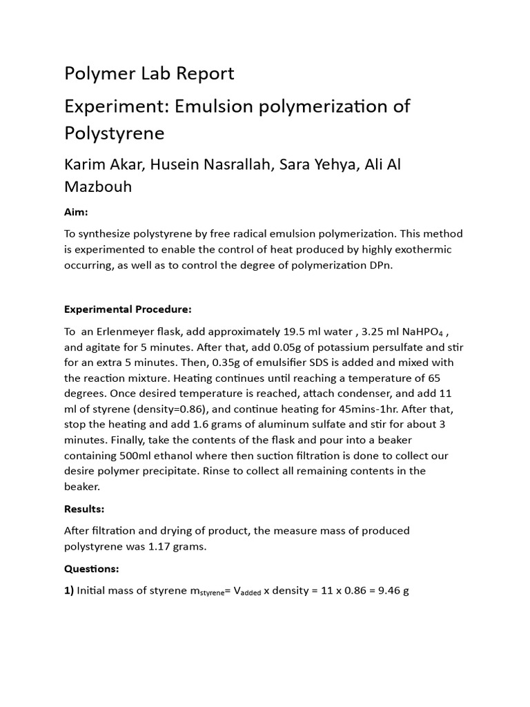 Experiment 1-Emulsion Polymerization of Polystyrene | PDF | Polystyrene ...