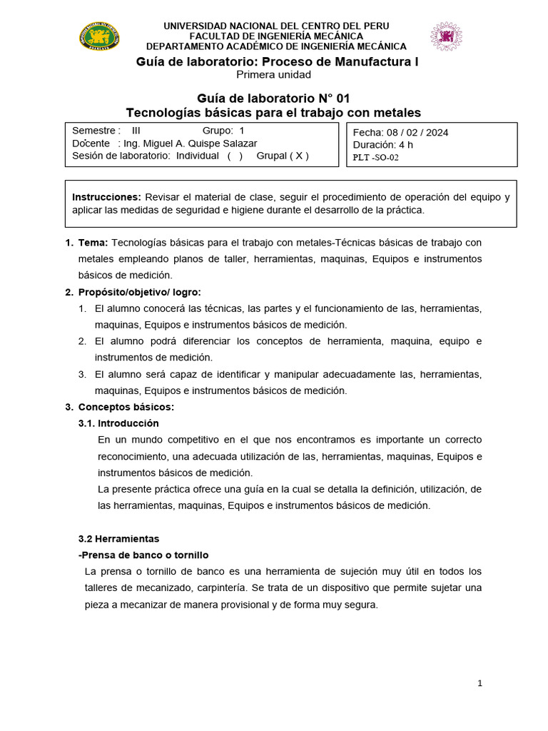 Guía de Laboratorio #01 - Proceso de Manufactura I | Descargar gratis PDF | Soldadura | Construcción