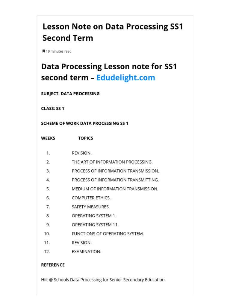 Lesson Note On Data Processing SS1 Second Term | PDF | Operating System ... Lesson Note On Data Processing SS1 Second Term | PDF | Operating System ...