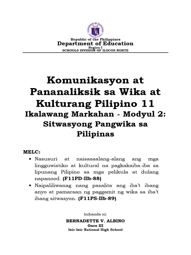 Filipino 11 Q2 Week 2 MELC3 4 MODYUL2 B.albiNO Editha Mabanag Editha ...