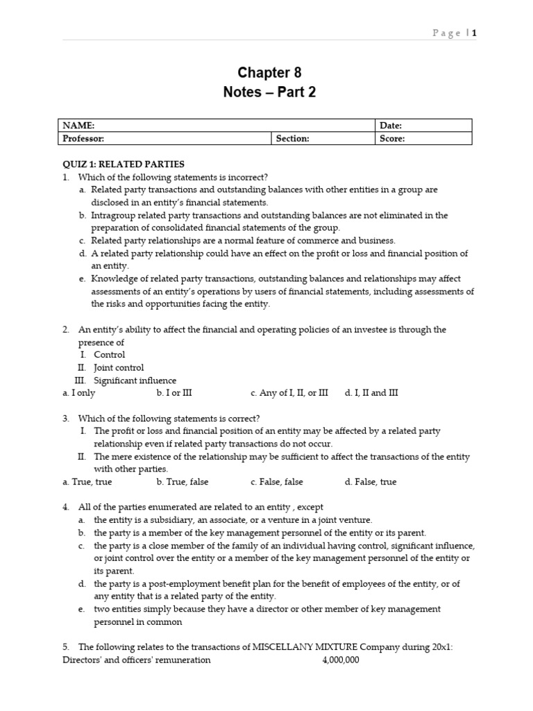 Chapter 8 Quiz on Related Parties | PDF | Financial Statement | Revenue
