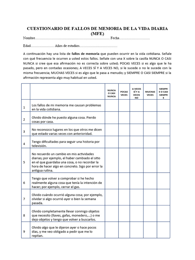 Cuestionario de Fallos de Memoria de La Vida Diaria | Descargar gratis ...