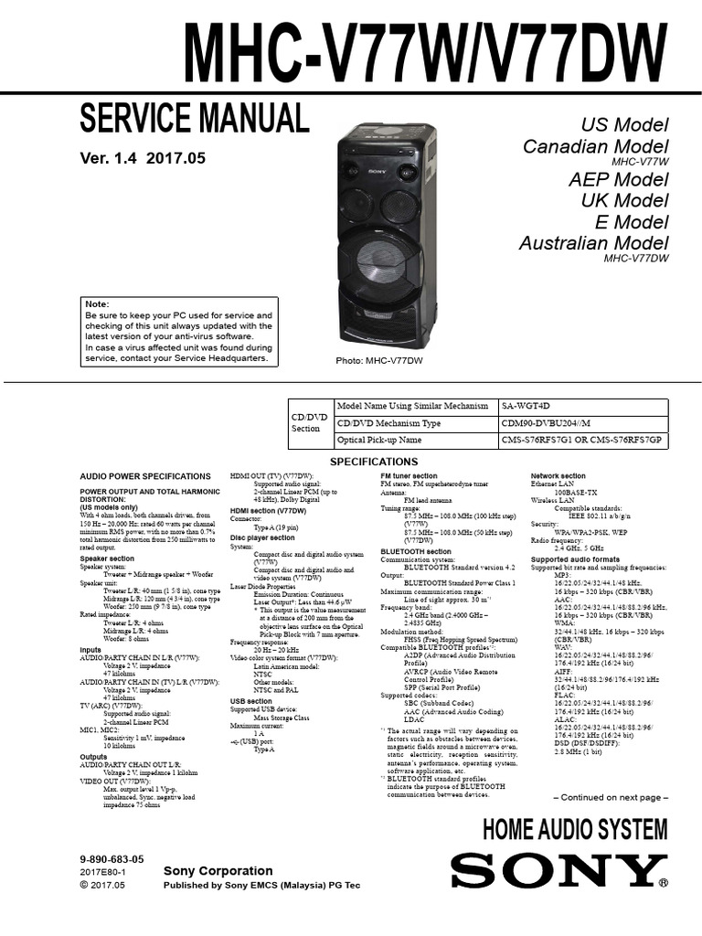 Sony MHC-V77DW Service Manual | PDF | Wi Fi | Compact Disc