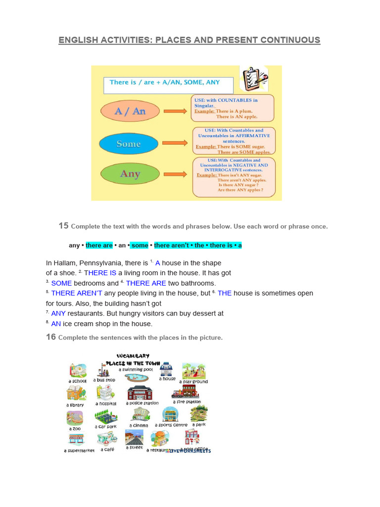 English Activities - Places and Present Continuous | PDF | Restaurants