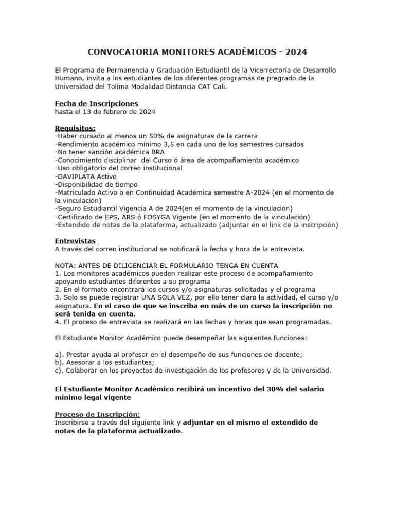 Convocatoria Monitores Académicos 2024 | PDF